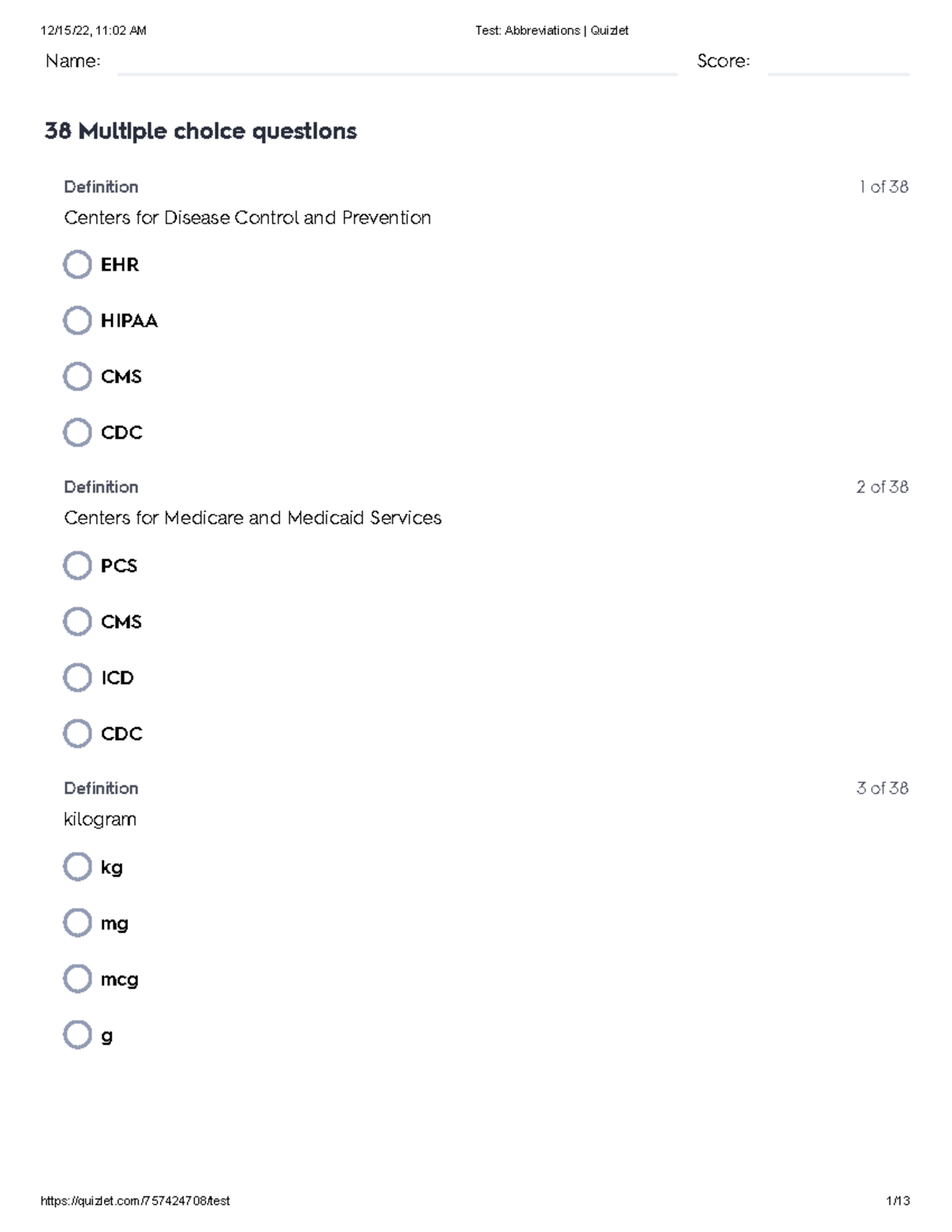 Test Abbreviations Quizlet - Name: Score: 38 Multiple choice questions ...