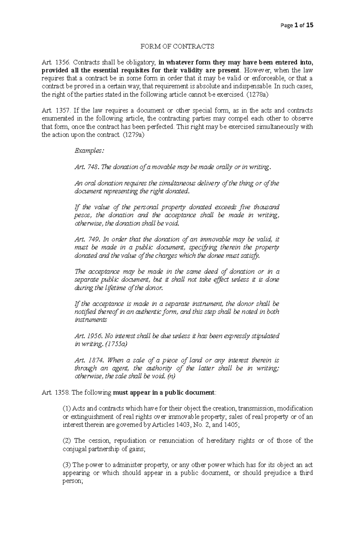 Obligations and Contracts Provisions - FORM OF CONTRACTS Art. 1356. Contracts shall be ...