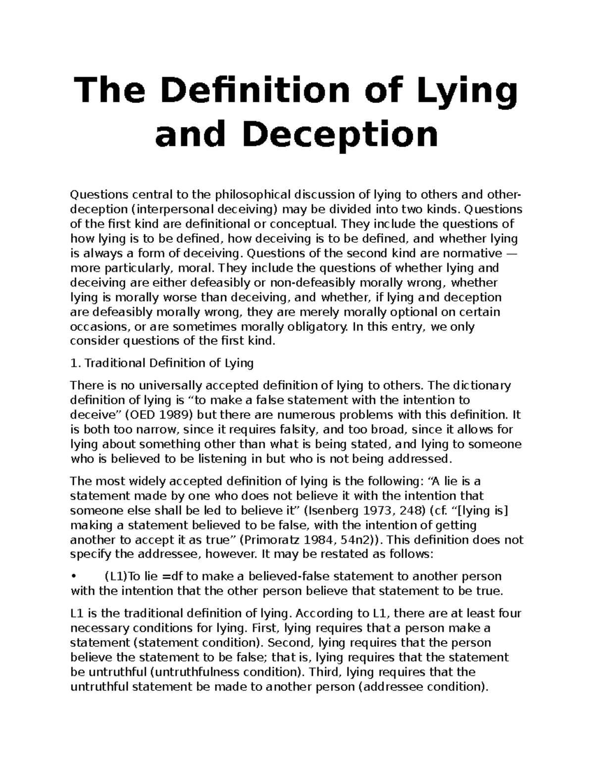 Lecture 7 The Definition of Lying and Deception - Philosophy - DHVSU ...