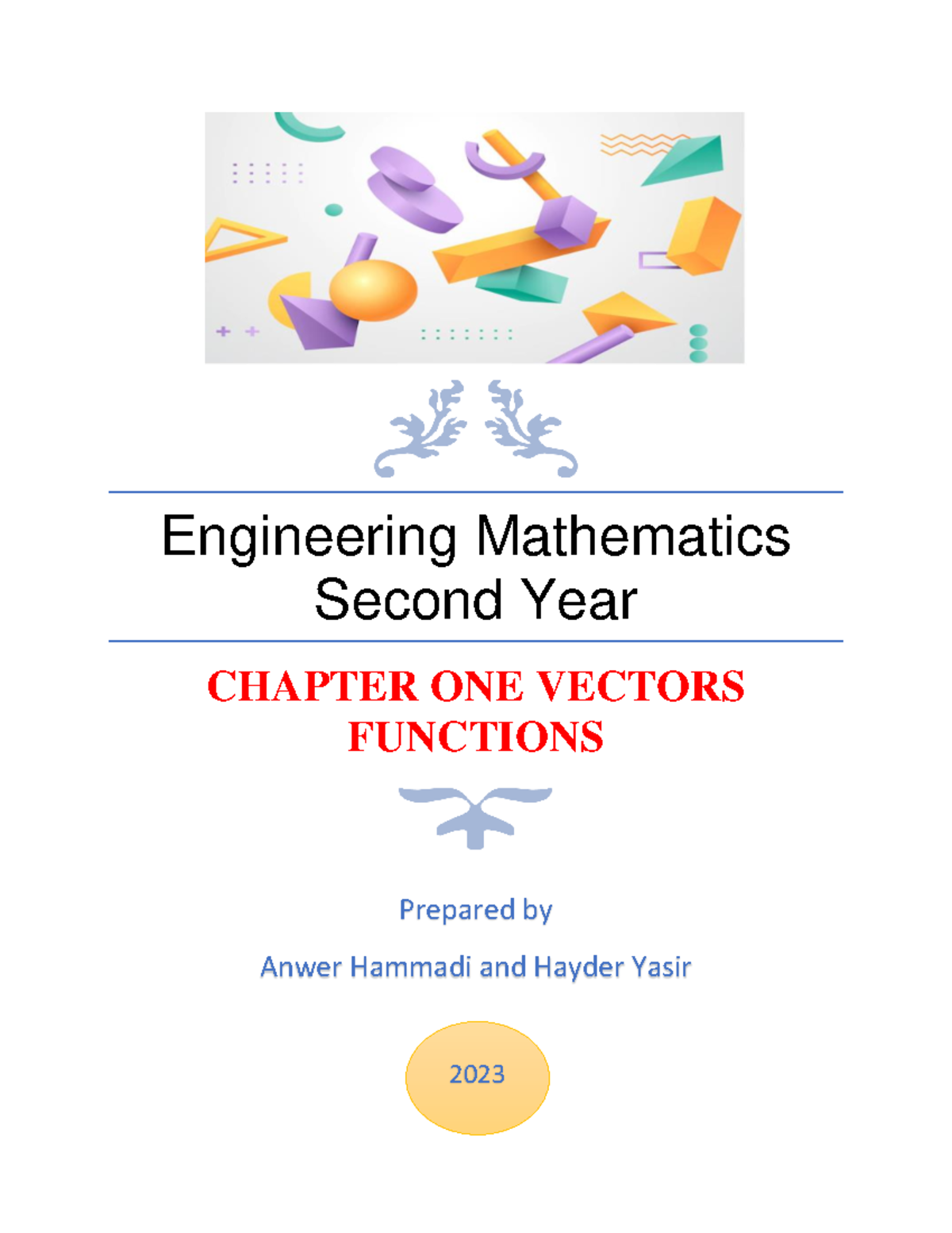 Ch 1 & ch 2 @1-nov-22 - Engineering Mathematics Second Year CHAPTER ONE VECTORS FUNCTIONS 2023 ...