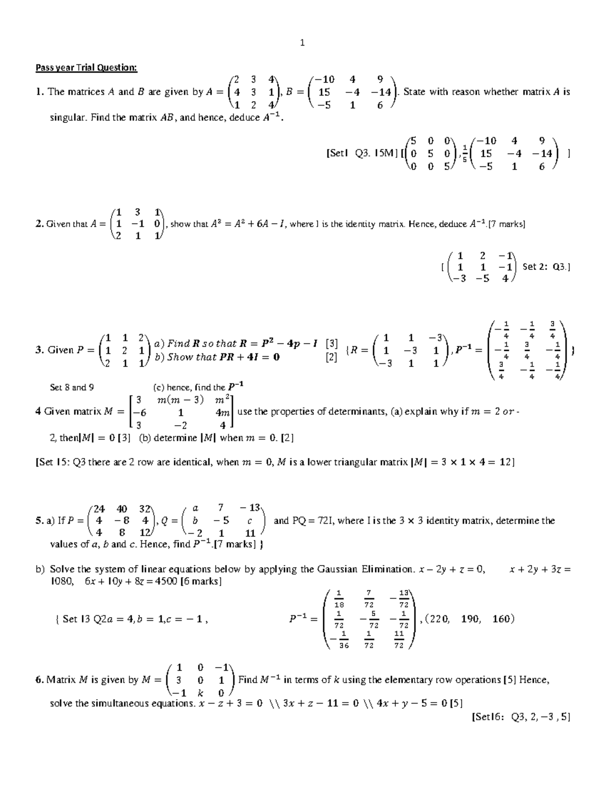 Chapter 3 matrix 2019 May 24 print 2 - 1 Pass year Trial Question: 1 ...