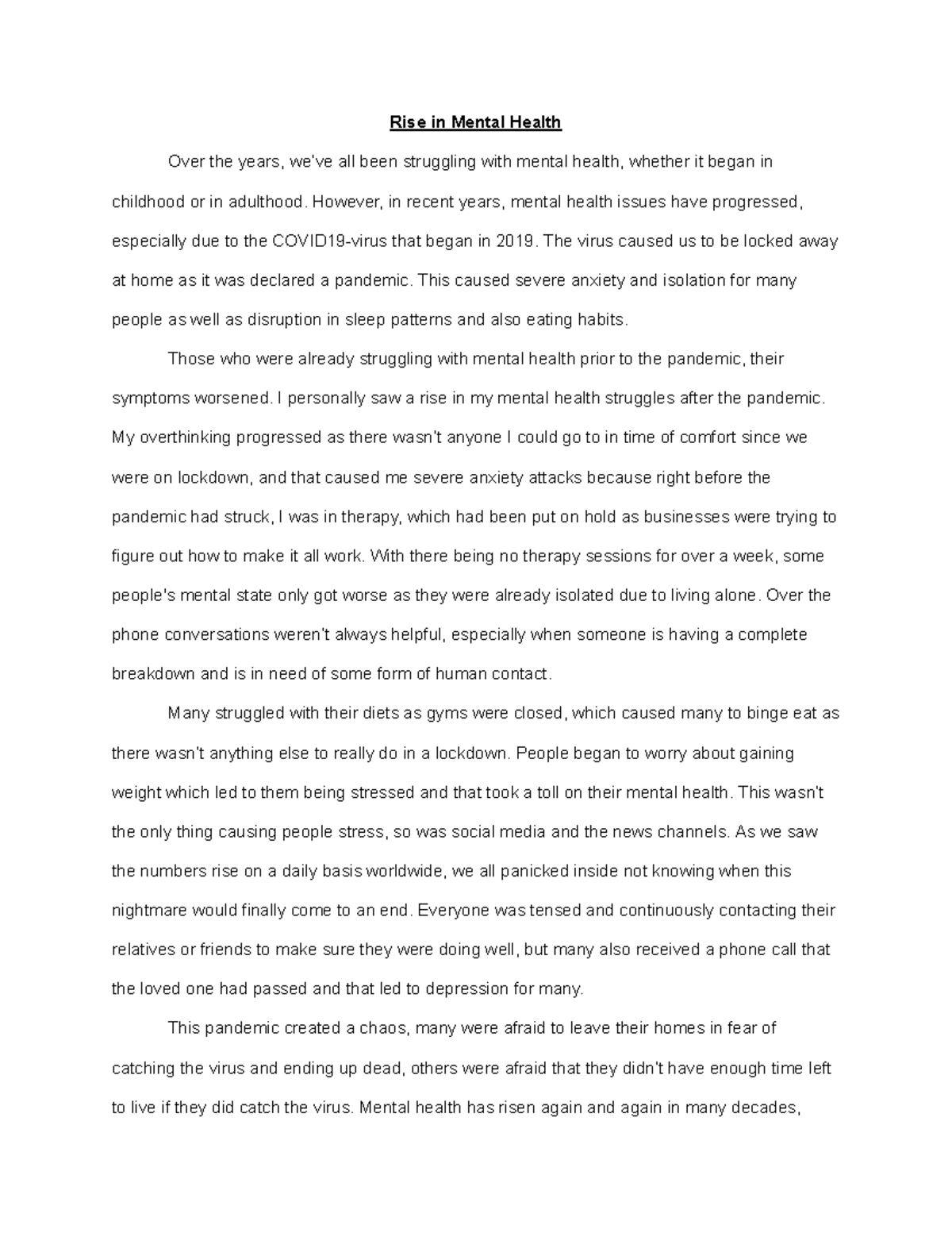 Rise in Mental Health - Rise in Mental Health Over the years, we’ve all ...