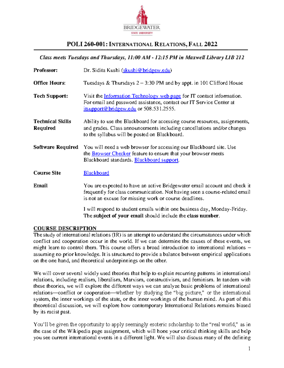 IR Syllabus Fall2022 - POLI 260-001: INTERNATIONAL RELATIONS, FALL 2022 ...