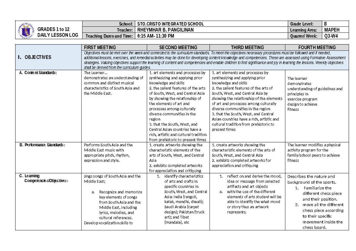 Mapeh 8 DDL Quarter 3 WEEK 4 - GRADES 1 to 12 DAILY LESSON LOG School ...