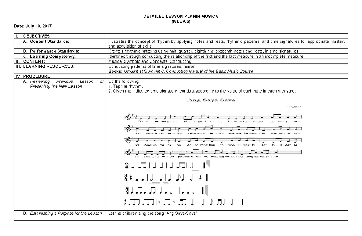 DLP Music 6 Quarter 1 Week 6 - DETAILED LESSON PLANIN MUSIC 6 (WEEK 6 ...