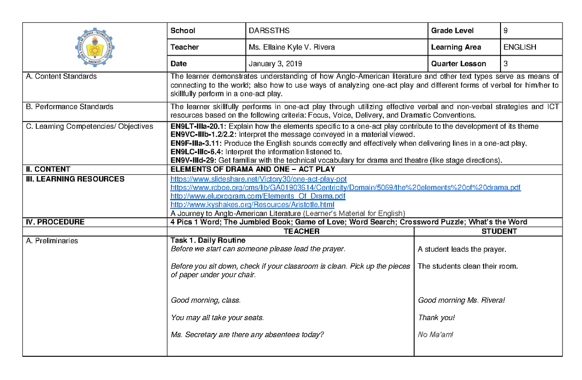 Pdfcoffee - English - School DARSSTHS Grade Level 9 Teacher Ms. Ellaine ...