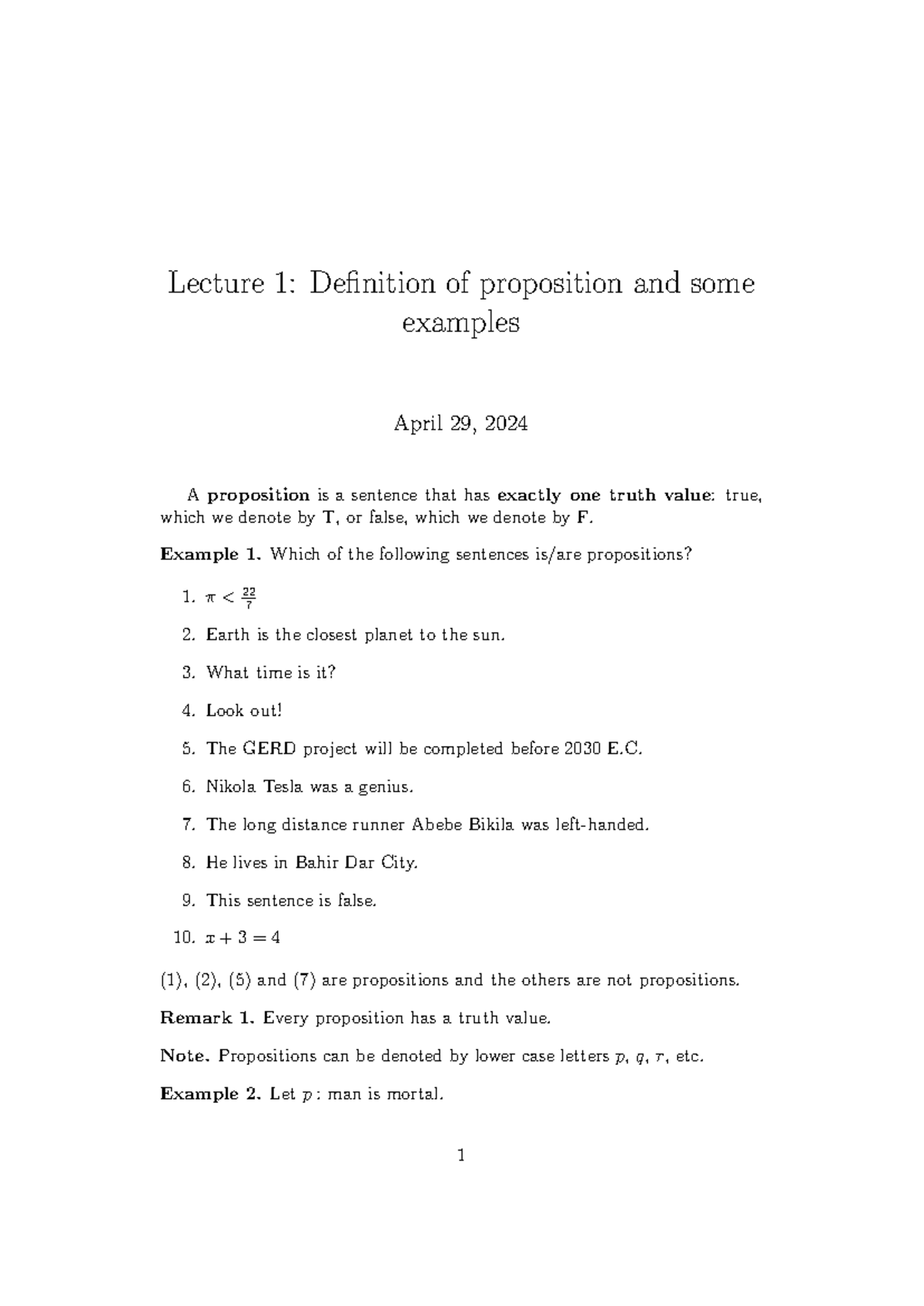 Lecture-1 - Lecture 1: Definition of proposition and some examples ...
