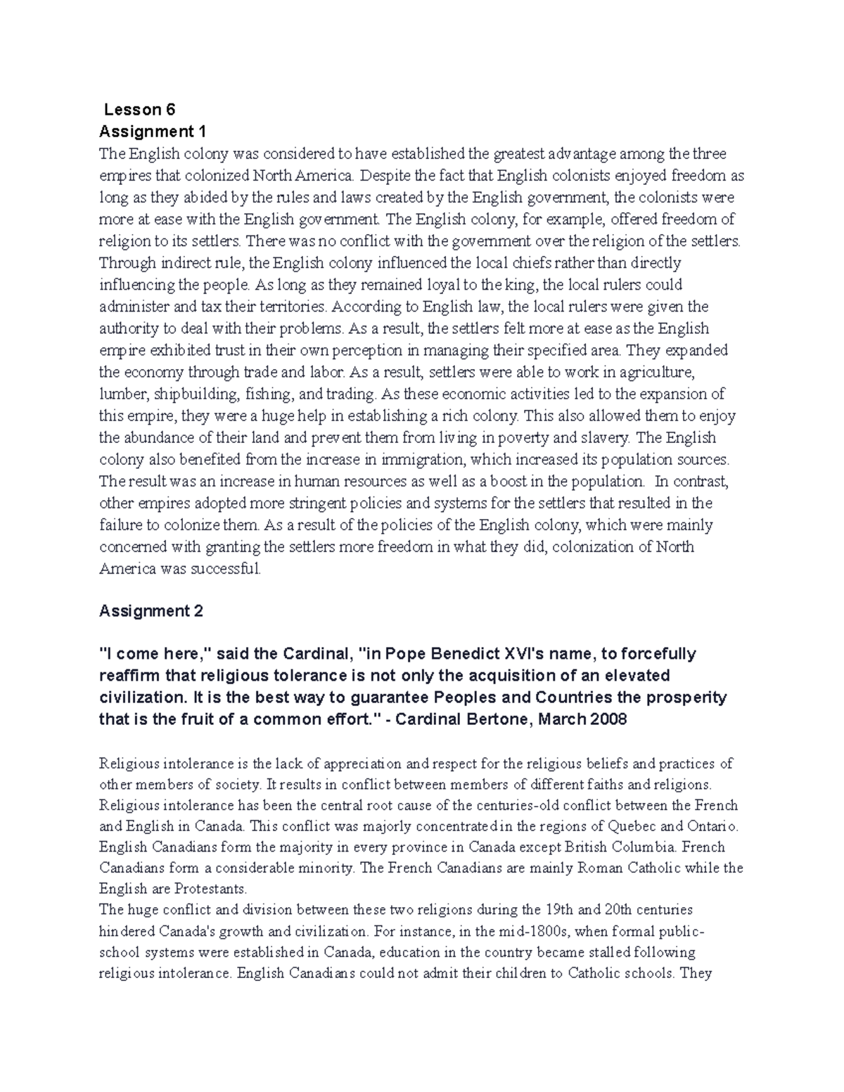 Lesson 6 - History - Lesson 6 Assignment 1 The English colony was considered to have established ...