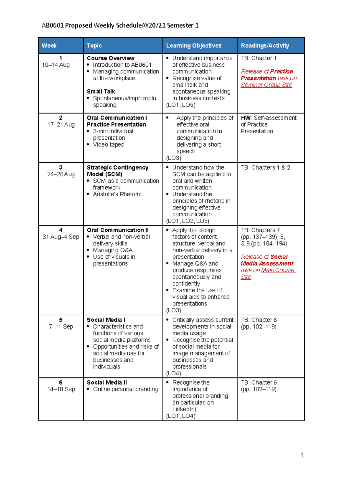 AB0601 AY20Sem1 Proposed Weekly Schedule - AB0601 Proposed Weekly ...