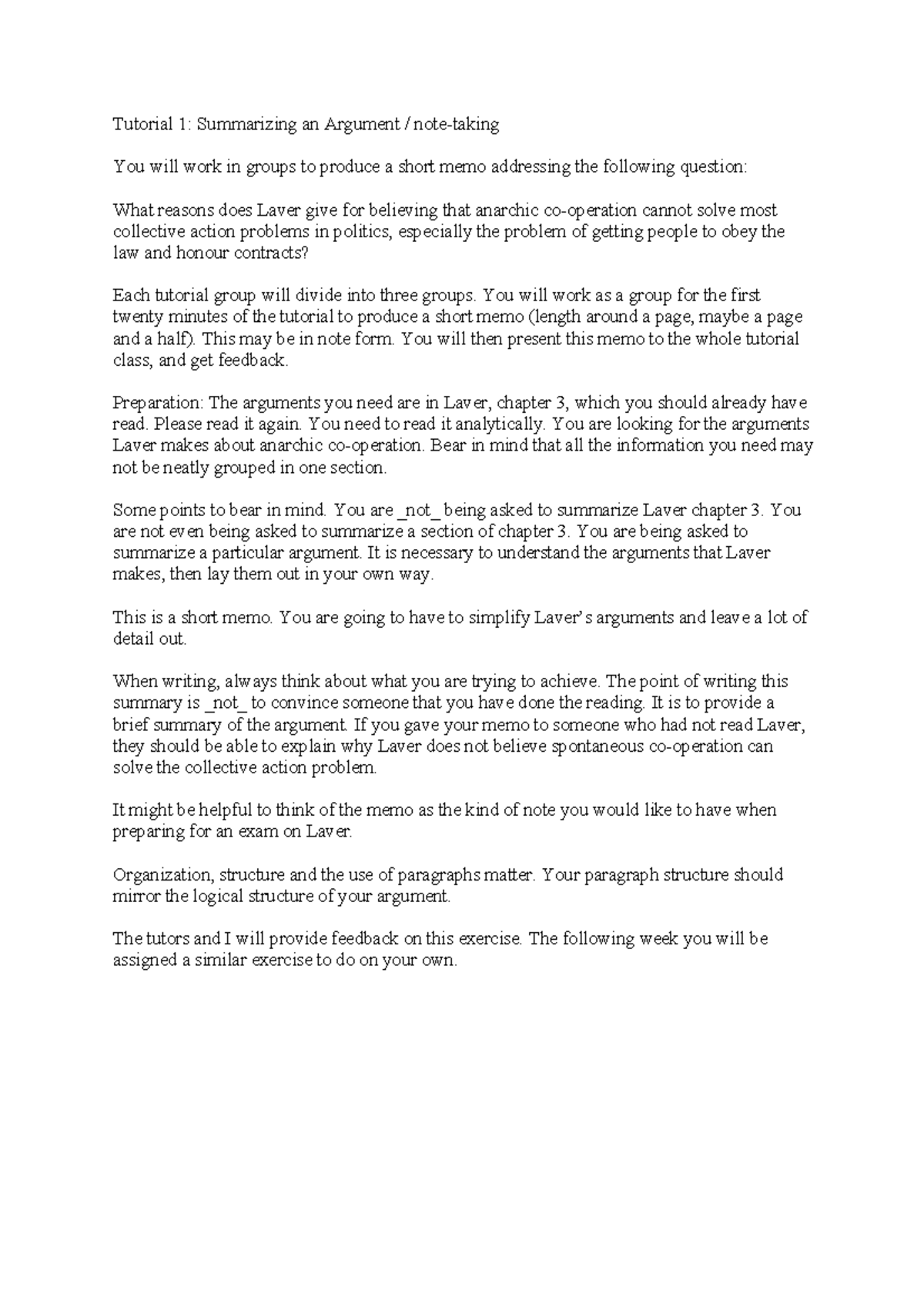 Tutorial 1 - cool - Tutorial 1: Summarizing an Argument You will work ...