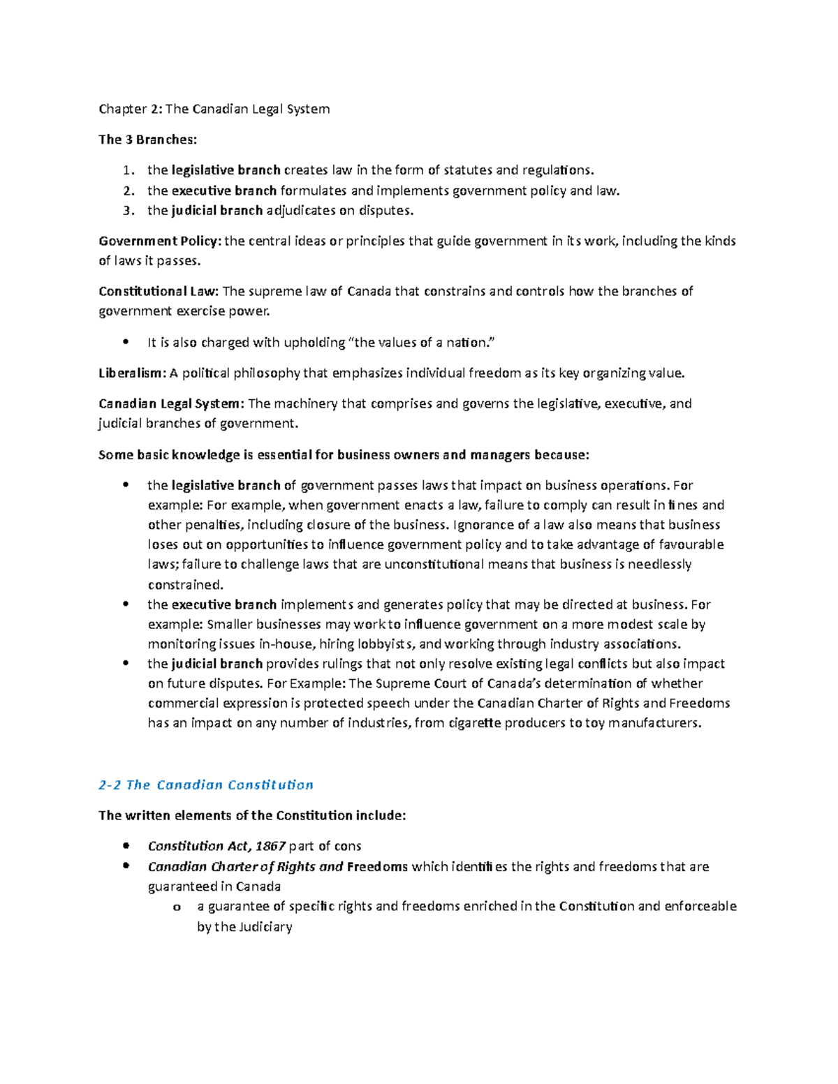 Chapter 2 - lecture notes - Chapter 2: The Canadian Legal System The 3 ...