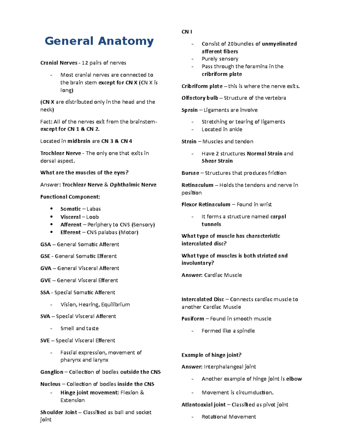 General Anatomy Answer Key - General Anatomy Cranial Nerves - 12 pairs ...