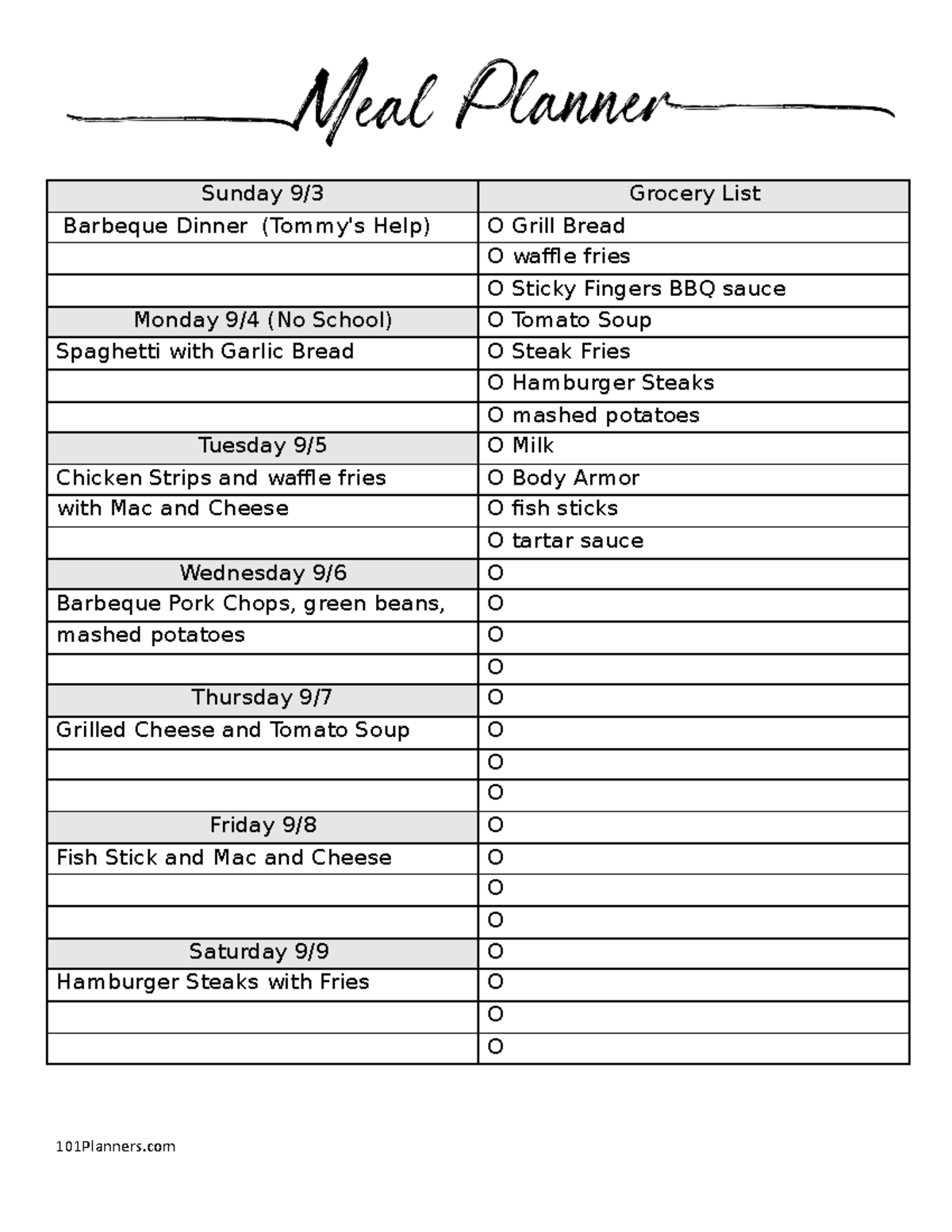 Dinner Menu - Quick Notes - Sunday 9/3 Grocery List Barbeque Dinner ...