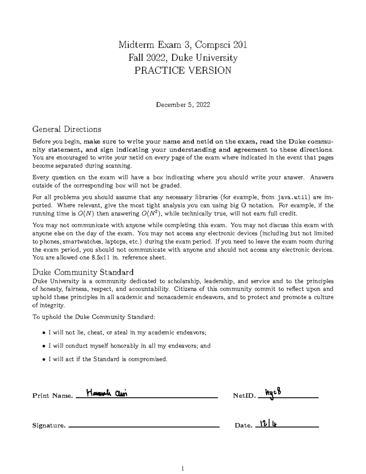 Exam3 Practice 2 - .... - Midterm Exam 3, Compsci 201 Fall 2022, Duke University PRACTICE ...