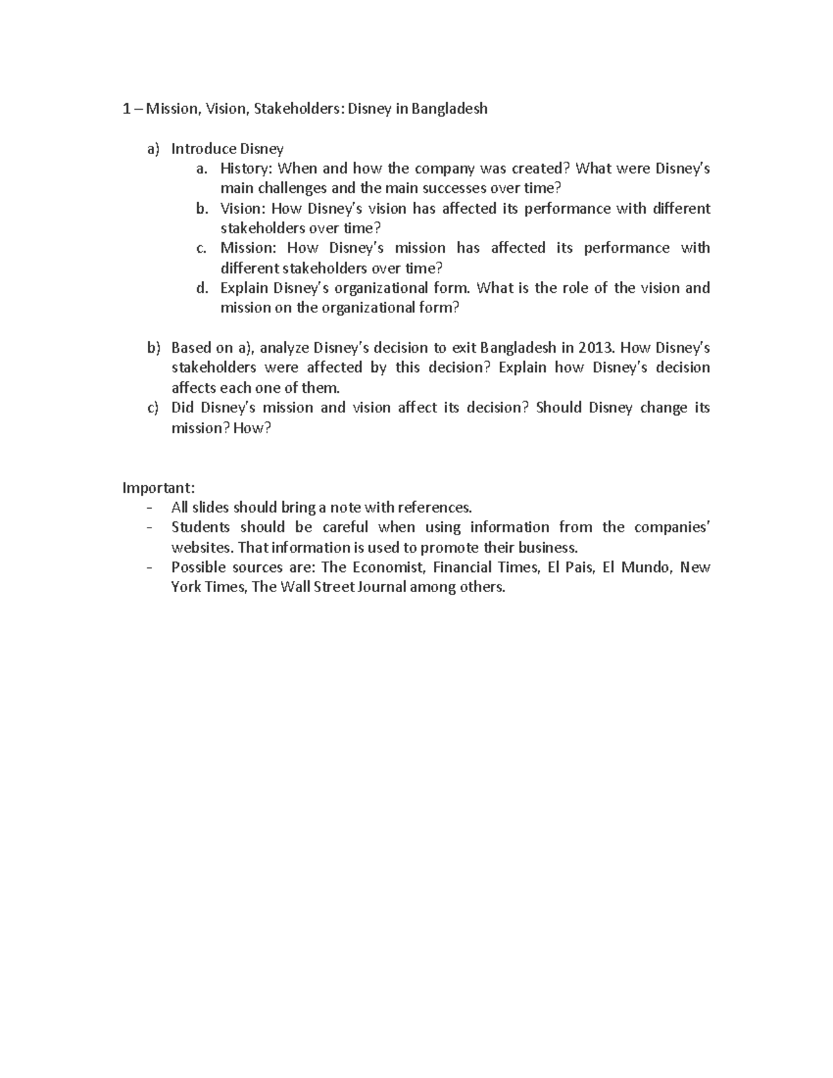 Disney case study - 1 – Mission, Vision, Stakeholders: Disney in ...