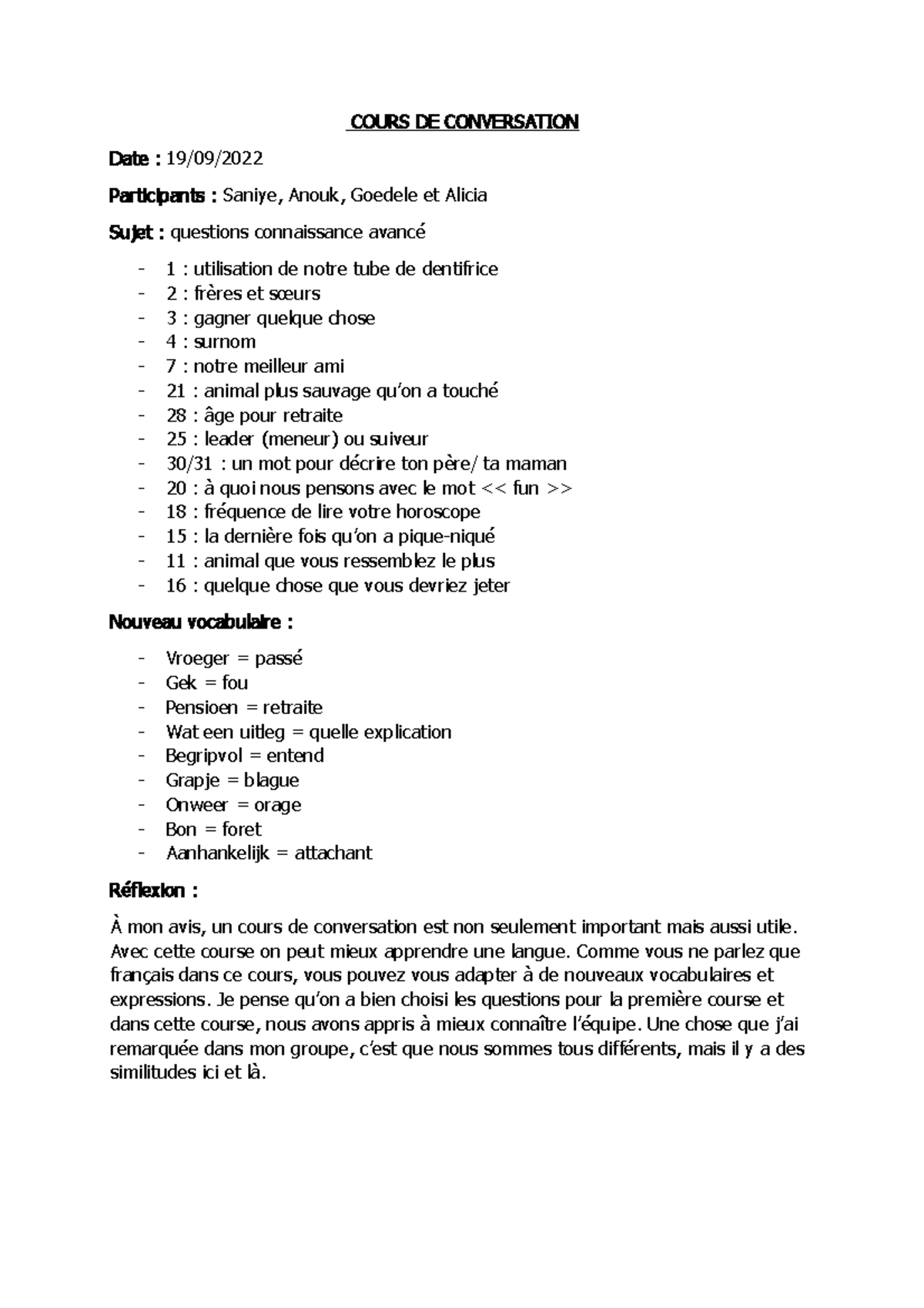 Cours de conversation 19 - COURS DE CONVERSATION Date : 19/09 ...