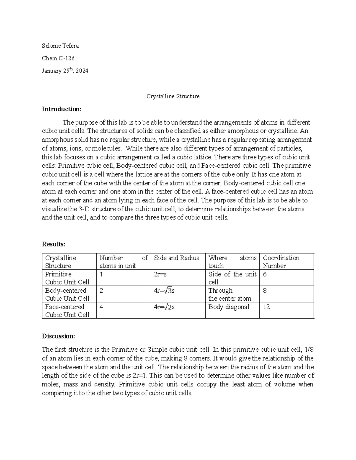 Lab 2 Crystalline Strcture Lab Report - Selome Tefera Chem C- January 29th, 2024 Crystalline ...