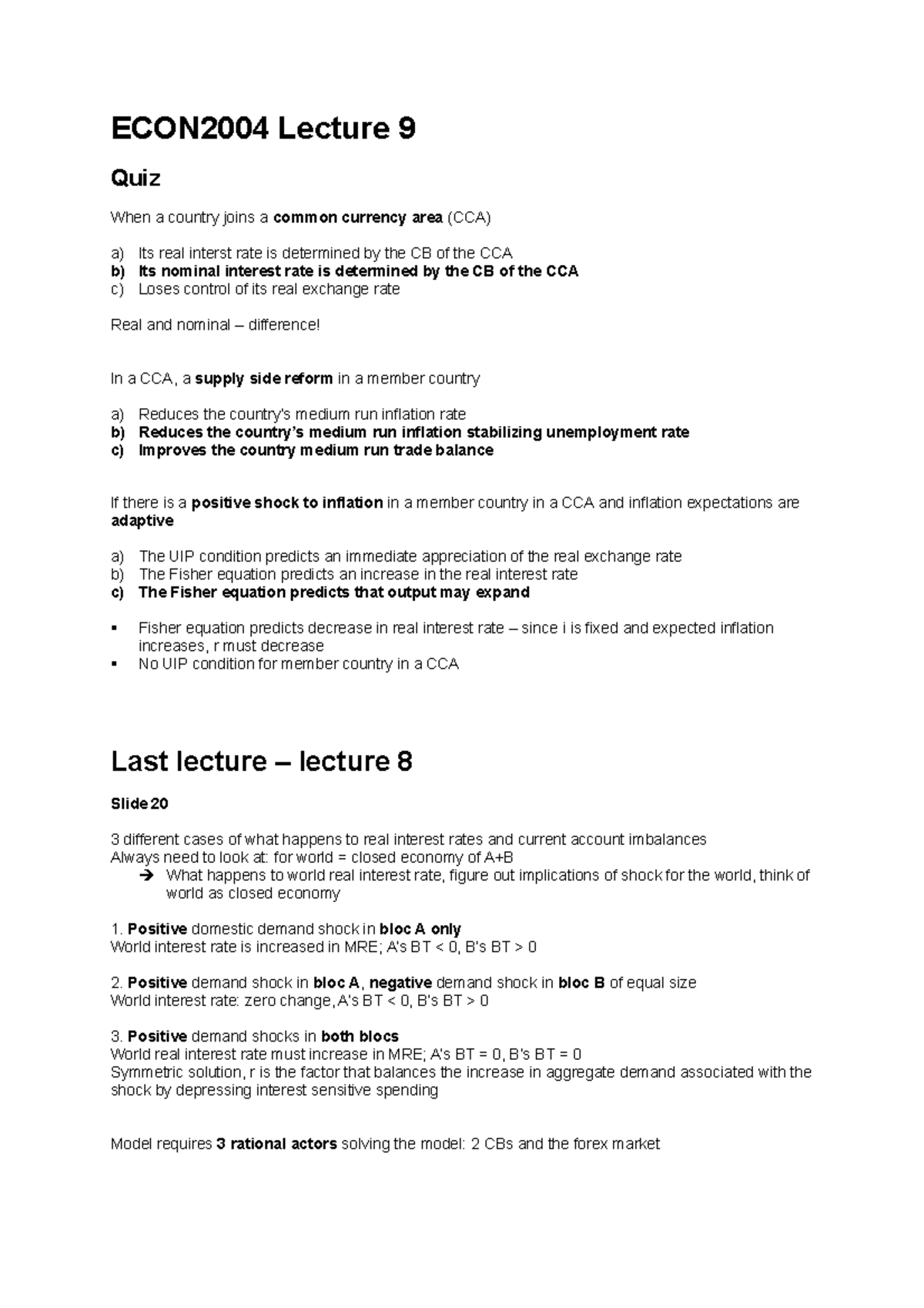 ECON2004 Term 2 Lecture 9 - ECON2004 Lecture 9 Quiz When a country joins a common currency area ...