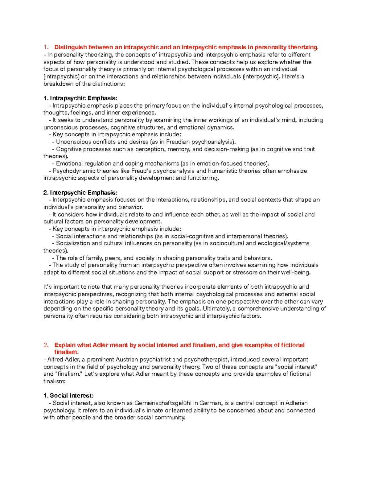 Adler goals for the Chapter Final - Distinguish between an intrapsychic ...