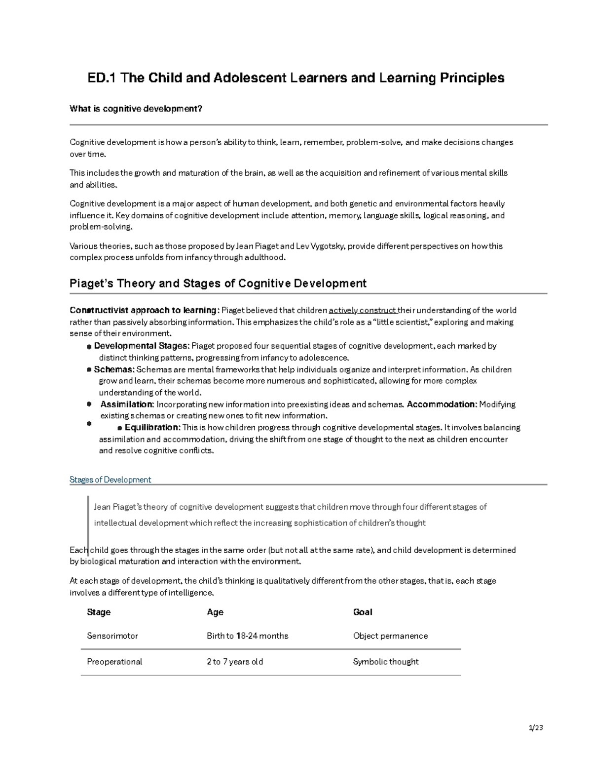Piaget Cognitive Development - ED The Child and Adolescent Learners and ...