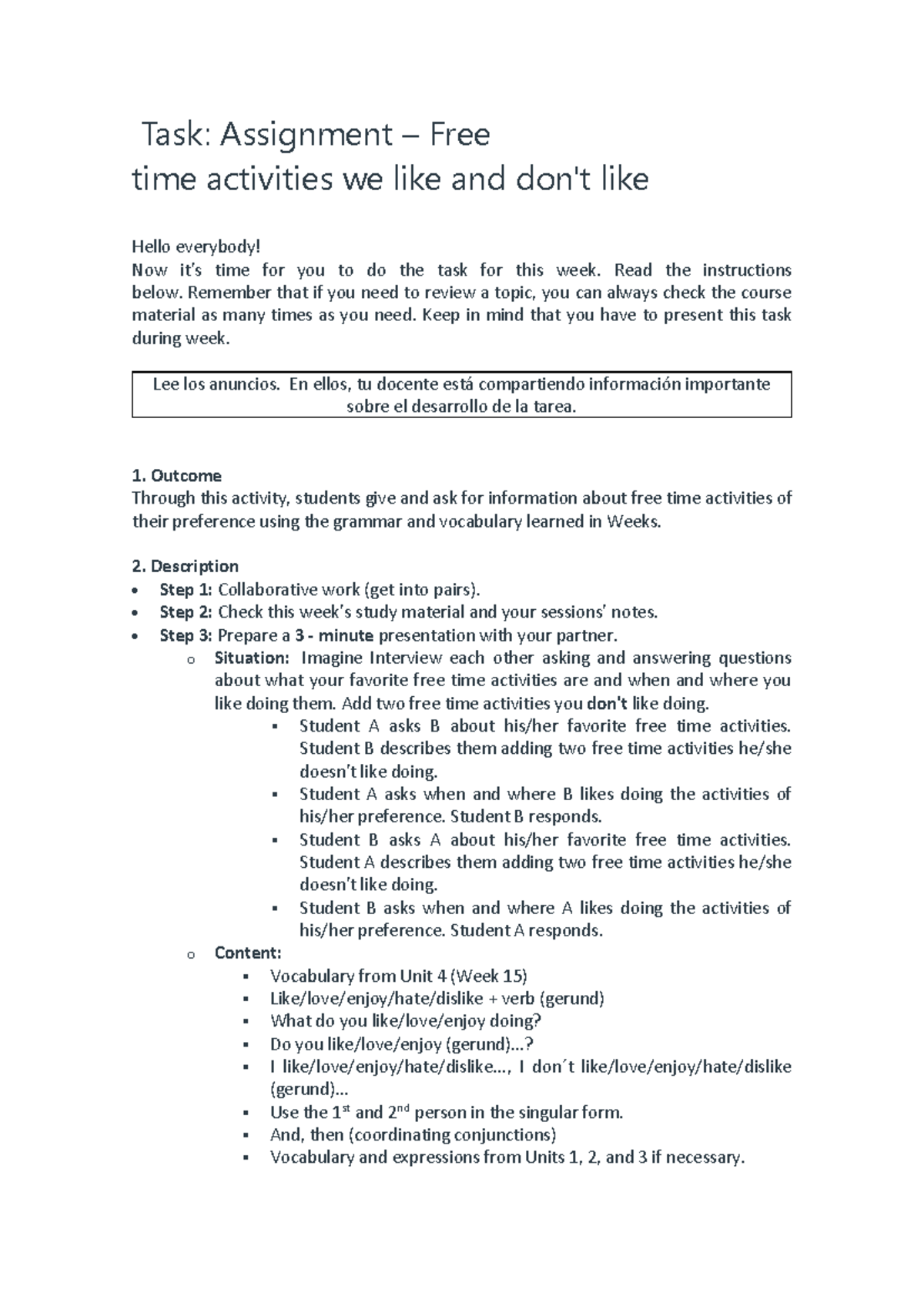 Week+15.....semana - Task: Assignment – Free time activities we like ...