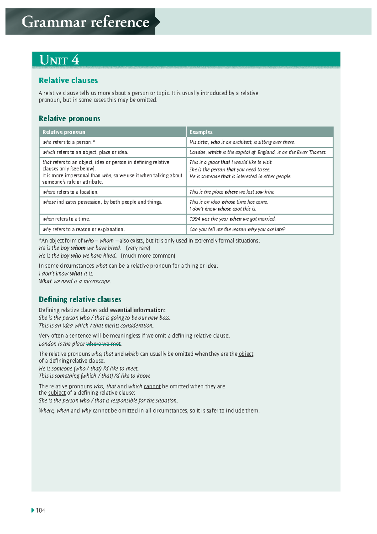 Relative Clauses Theory - ####### 104 Grammar reference UNIT 4 Relative ...