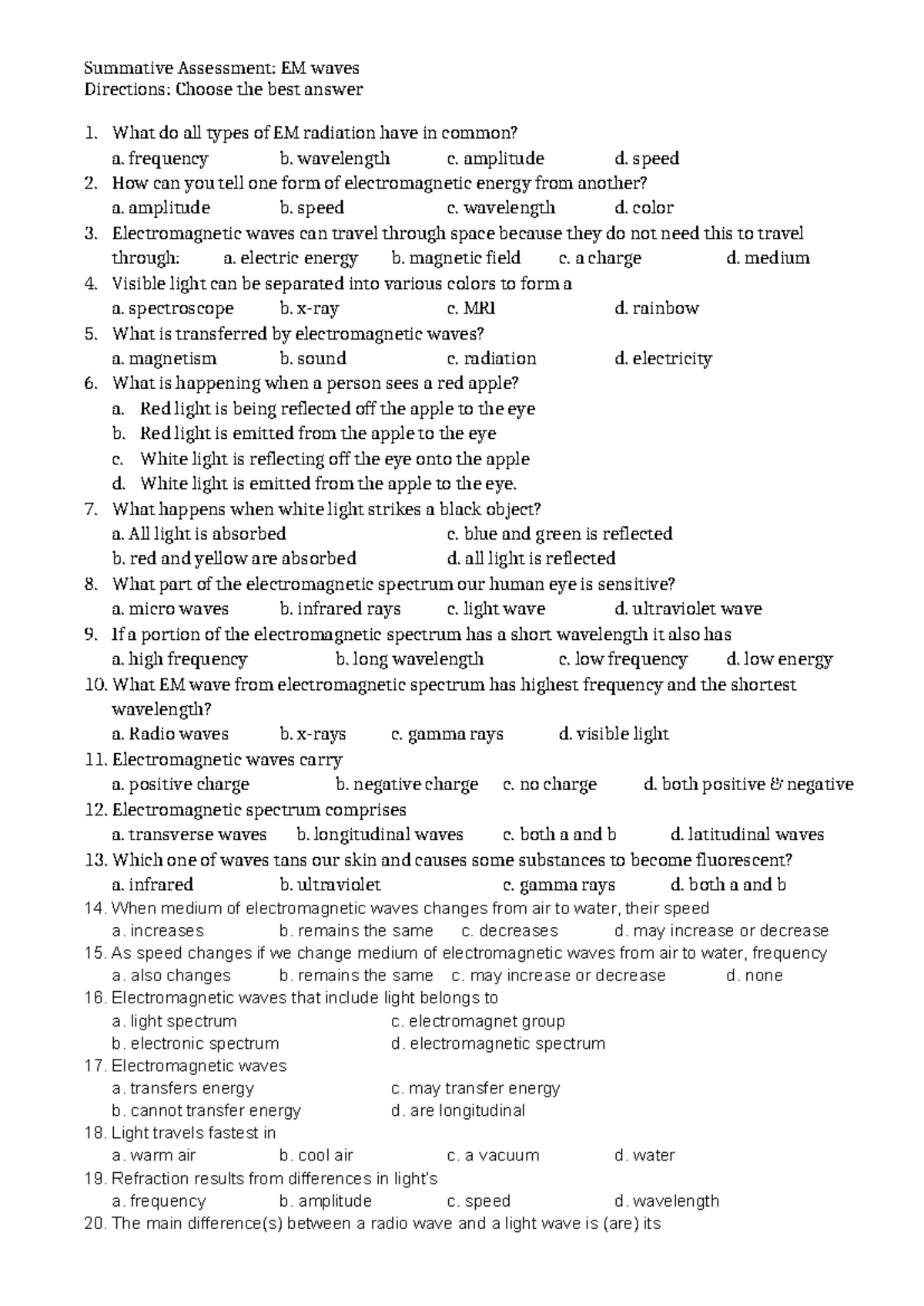 Summative Assessment EM waves - Summative Assessment: EM waves ...