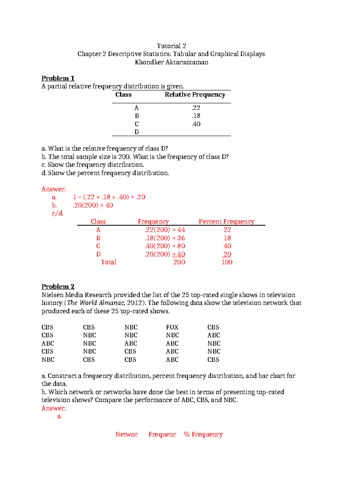 Tutorial 2 Solution - DON;T HAVE - Tutorial 2 Chapter 2 Descriptive Statistics: Tabular and ...