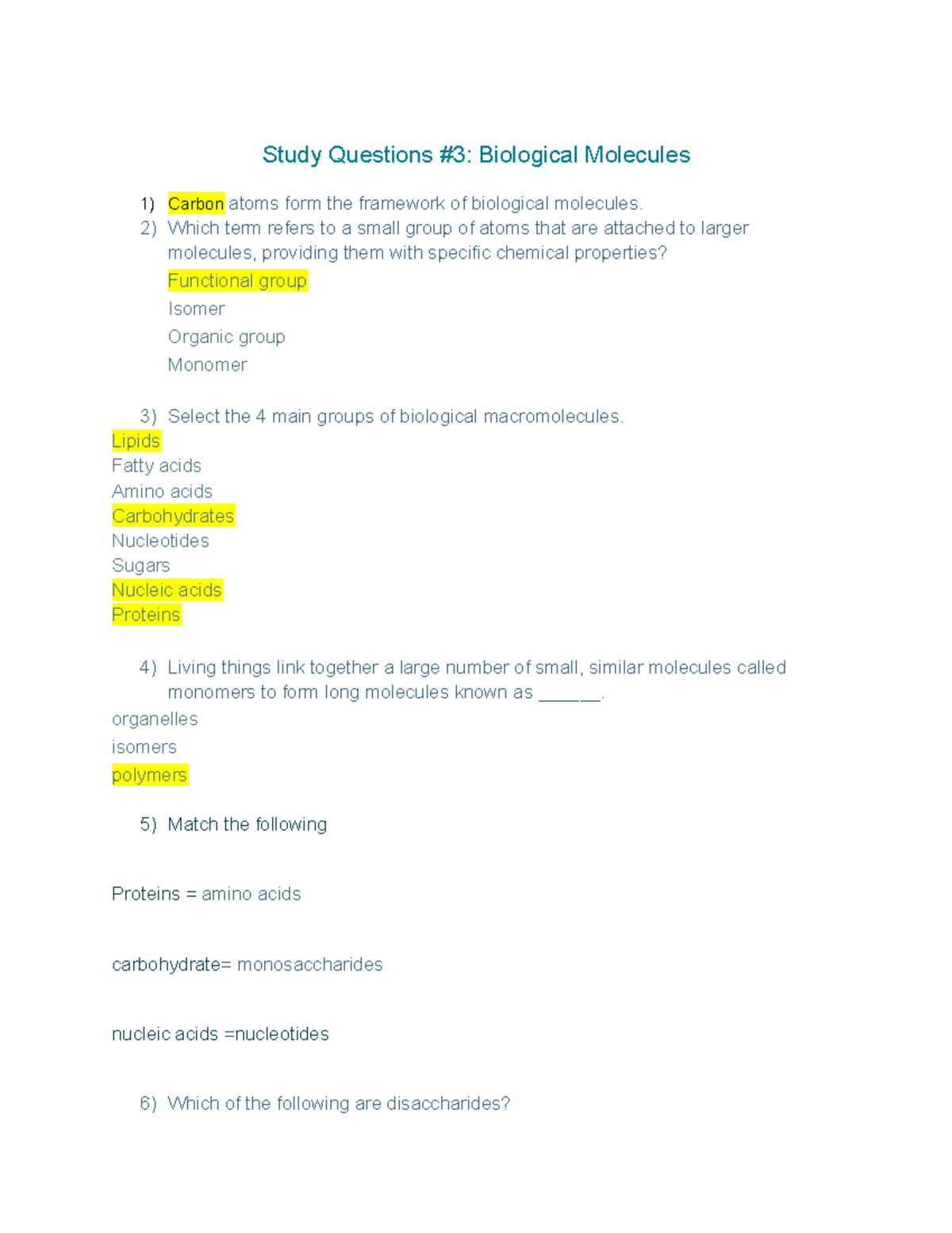 Biology Study Questions #3 Biological Molecules - Study Questions #3 ...