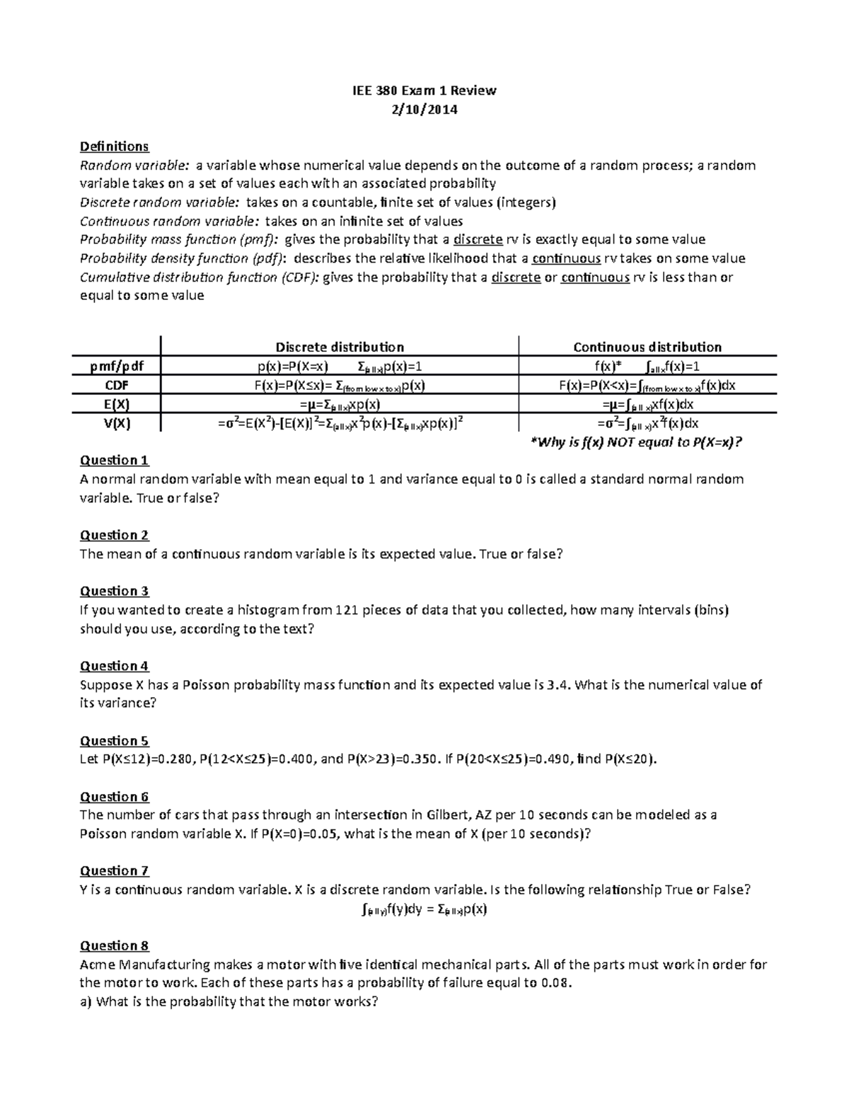 IEE 380 Exam 1 Review - Lecture notes 3 - IEE 380 Exam 1 Review ...