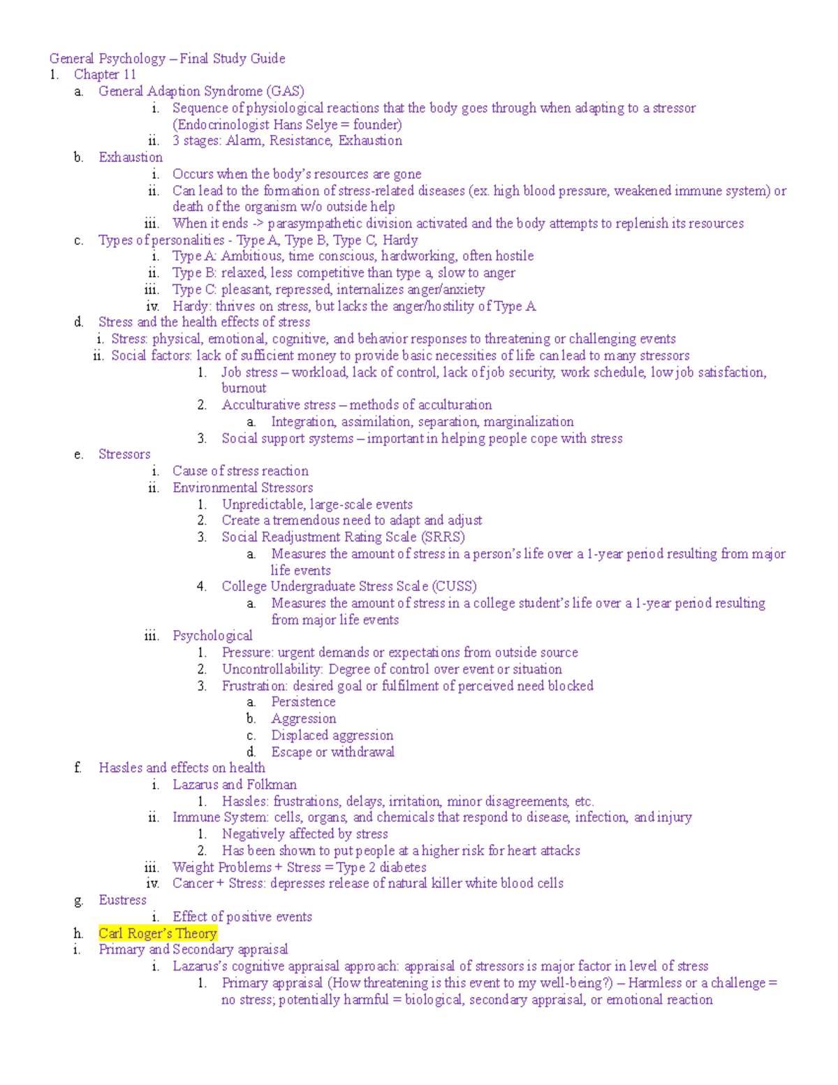 General Psychology – Final Study Guide - General Adaption Syndrome (GAS ...