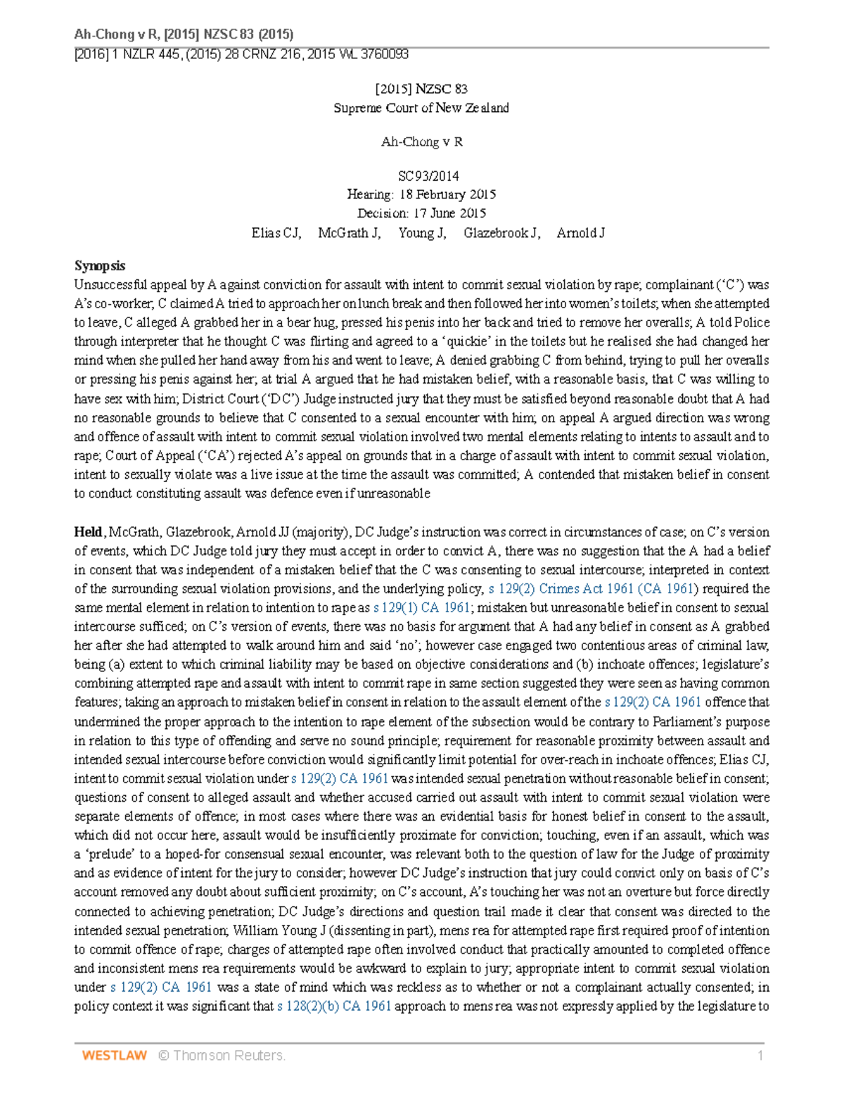 Ah-Chong v R [2016 ] - Introduction to law as a part of my master ...