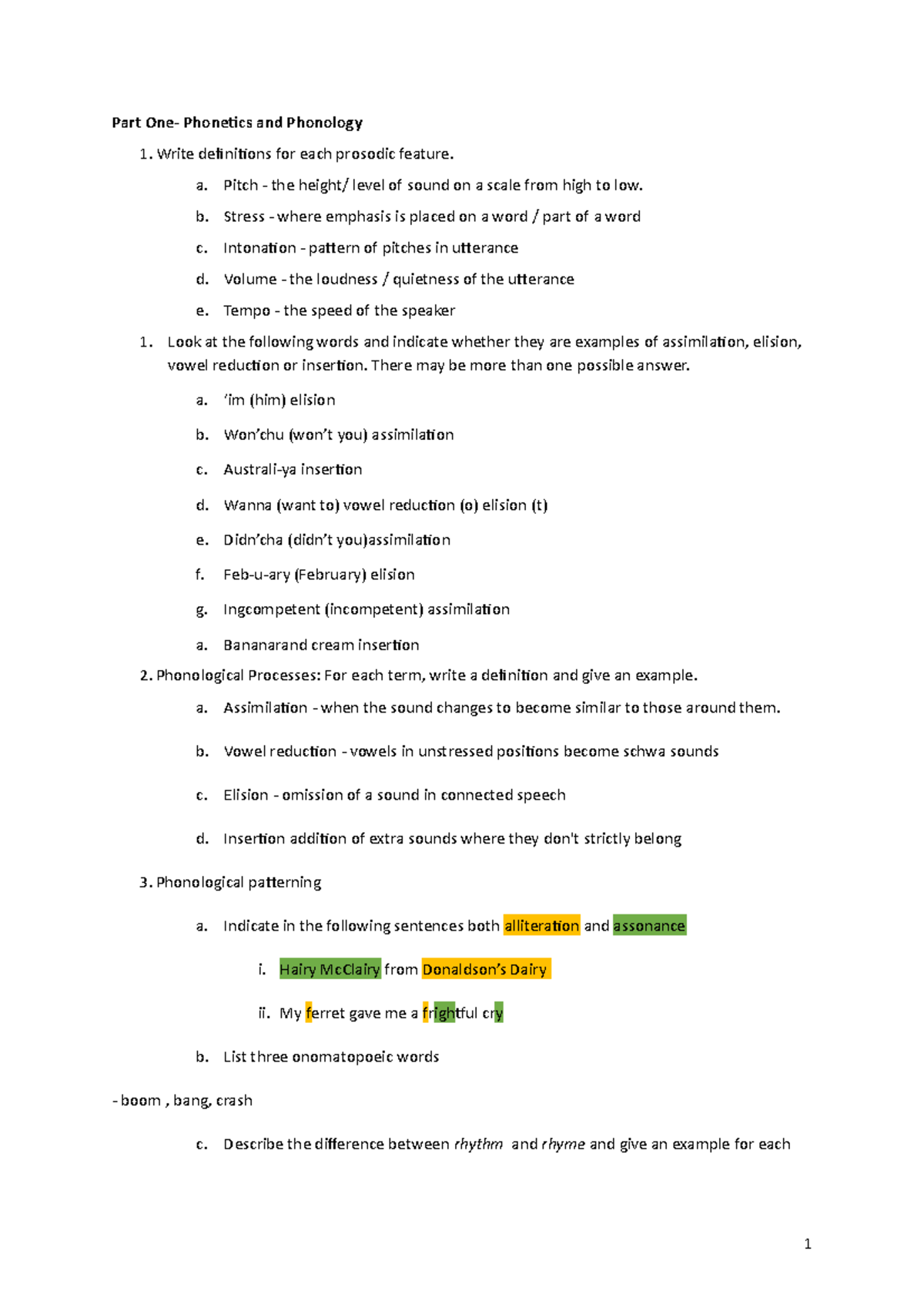Metalanguage revision task word - Part One- Phonetics and Phonology 1 ...