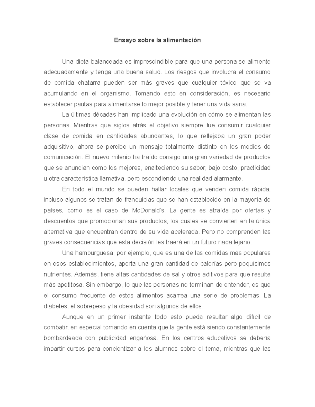 Ensayo sobre la alimentación - Ensayo sobre la alimentación Una dieta ...