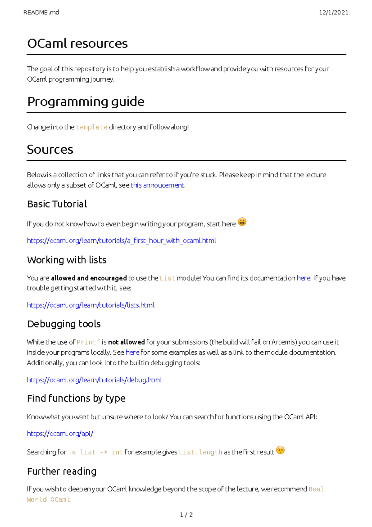 Ocaml Resources vb thwe rew - README 12/1/ 1 / 2 OCaml resources The goal of this repository is ...