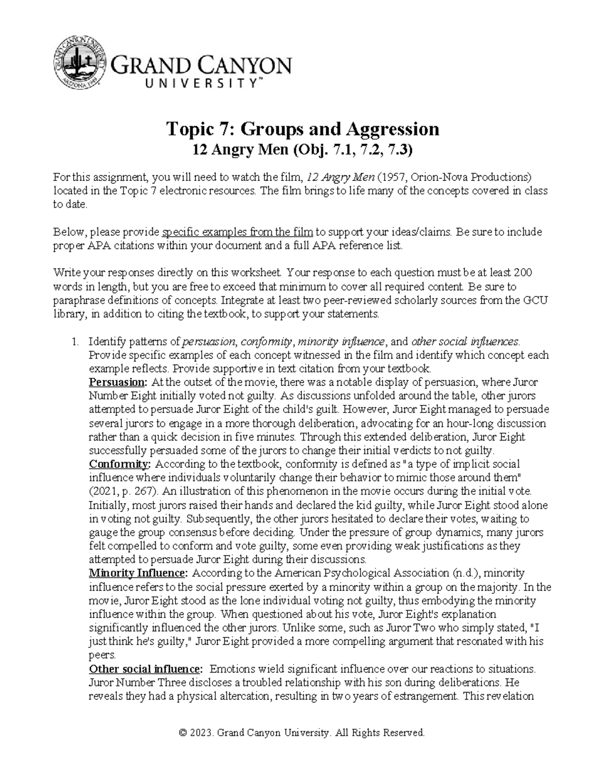 12 Angry Men Finished - Assingment - Topic 7: Groups and Aggression 12 Angry Men (Obj. 7, 7, 7 ...