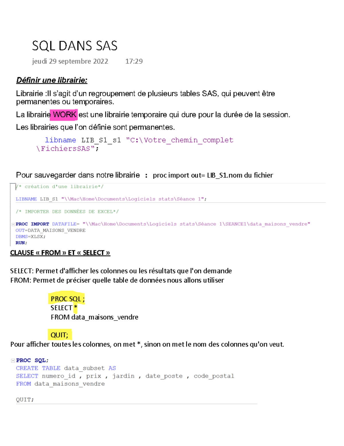 SQL DANS SAS - Résumé des clauses du language SQL - Définir une ...