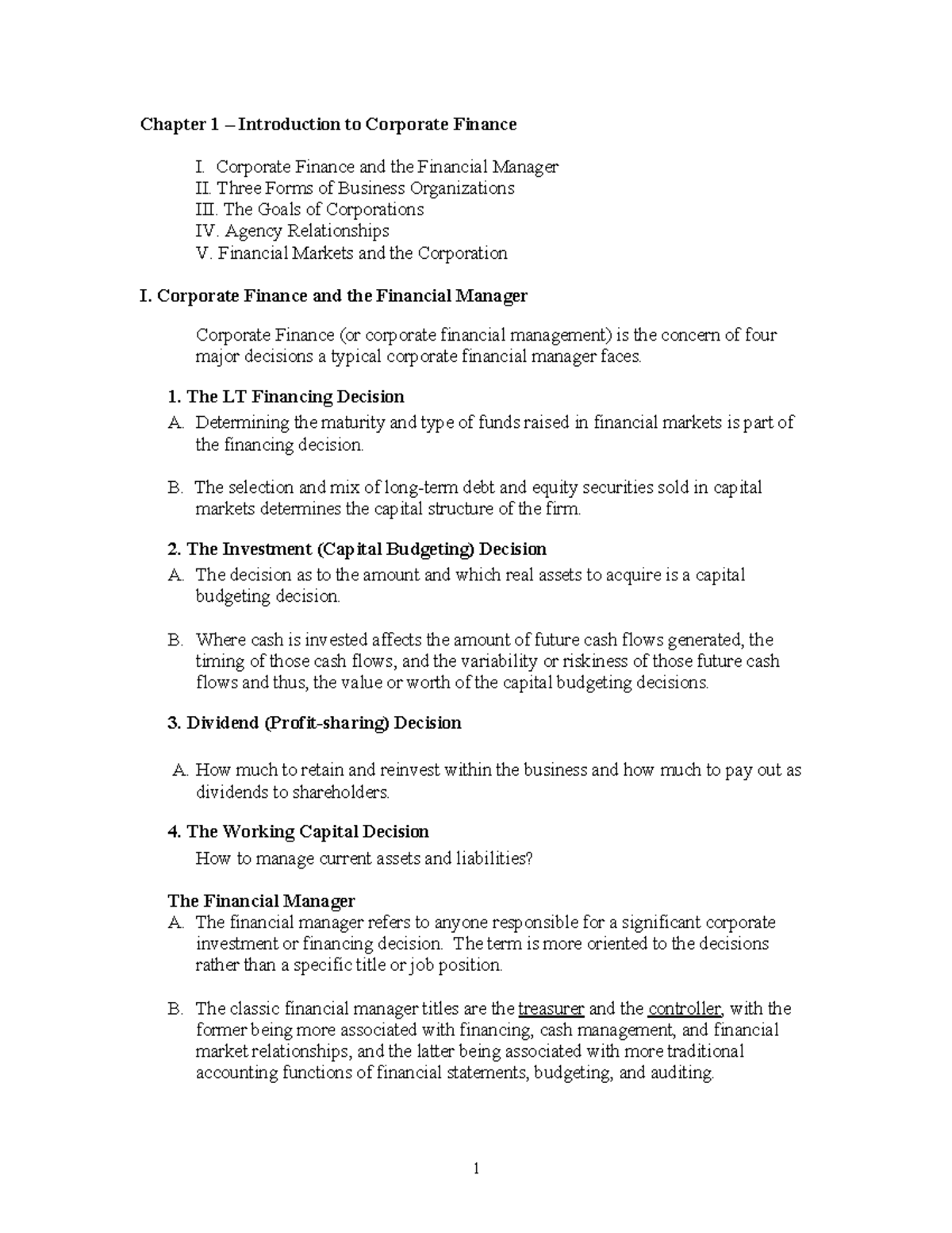 Midterm / examples - Chapter 1 – Introduction to Corporate Finance I ...