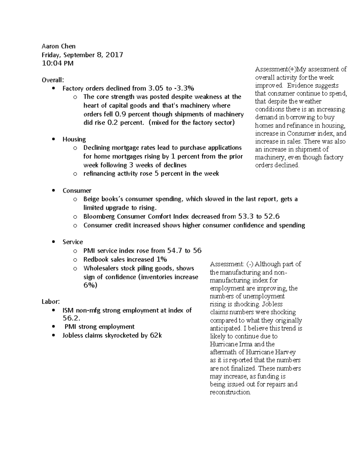 Aaron Chen Macro Journal Entry 2 - Aaron Chen Friday, September 8, 2017 ...