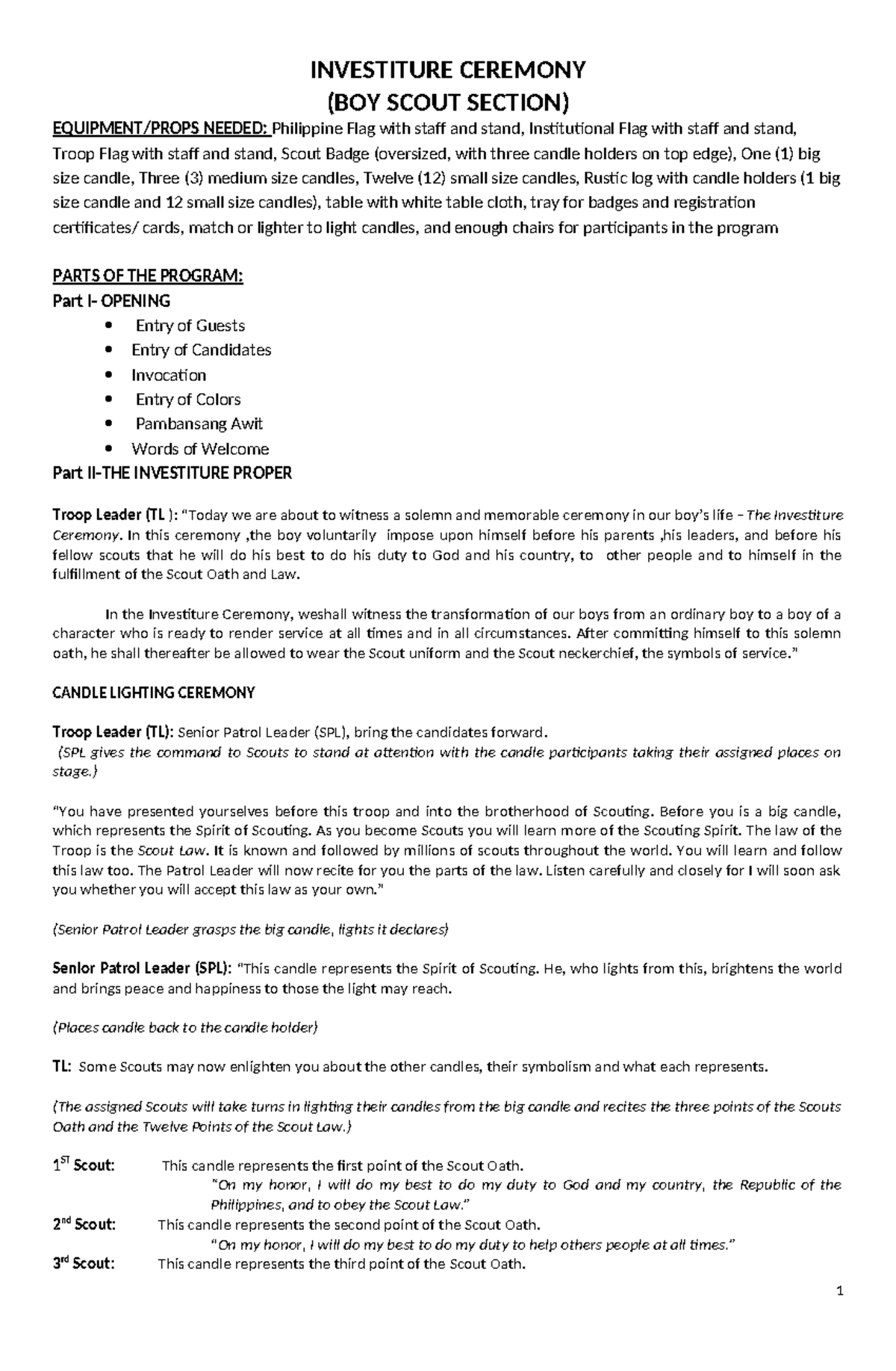 Investiture ceremony for BOY Scout Section LONG - INVESTITURE CEREMONY ...