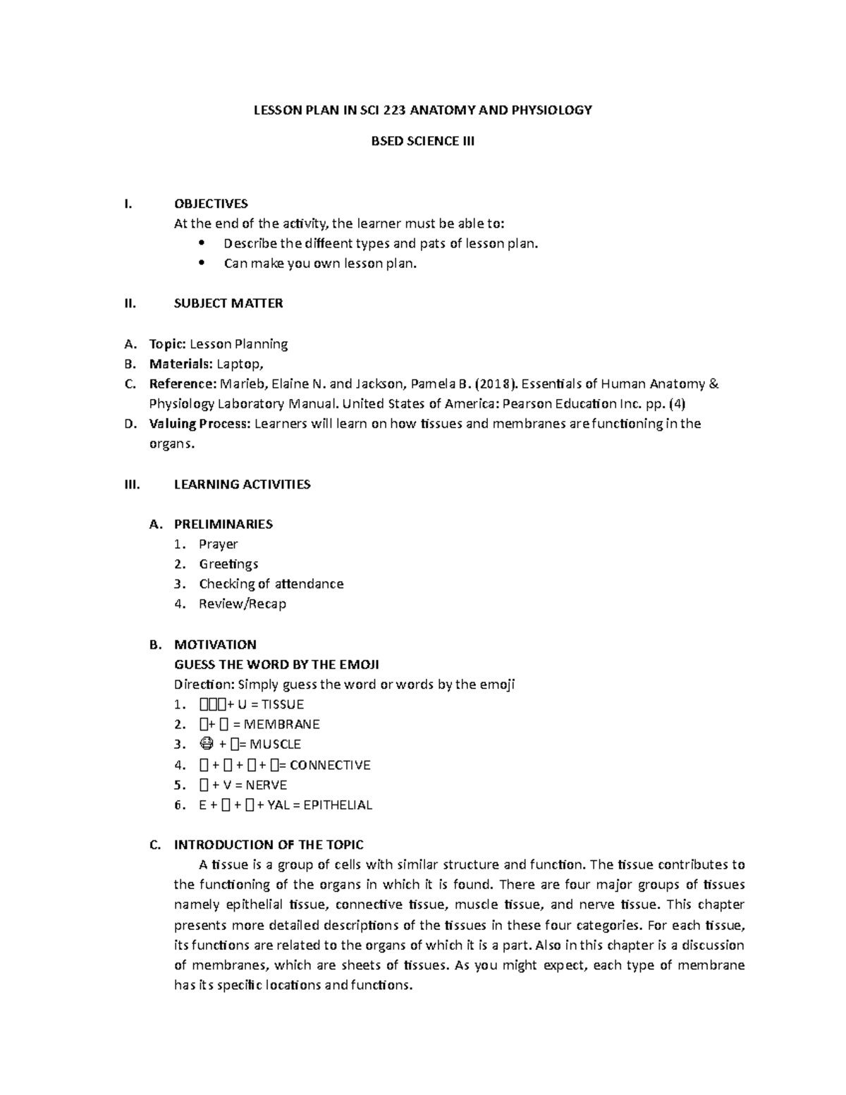 Lesson PLAN IN SCI 223 Anatomy AND Physiology - LESSON PLAN IN SCI 223 ...