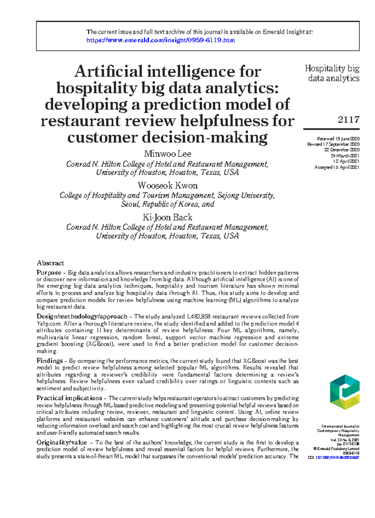Artificial intelligence for hospitality big data analytics developing a ...