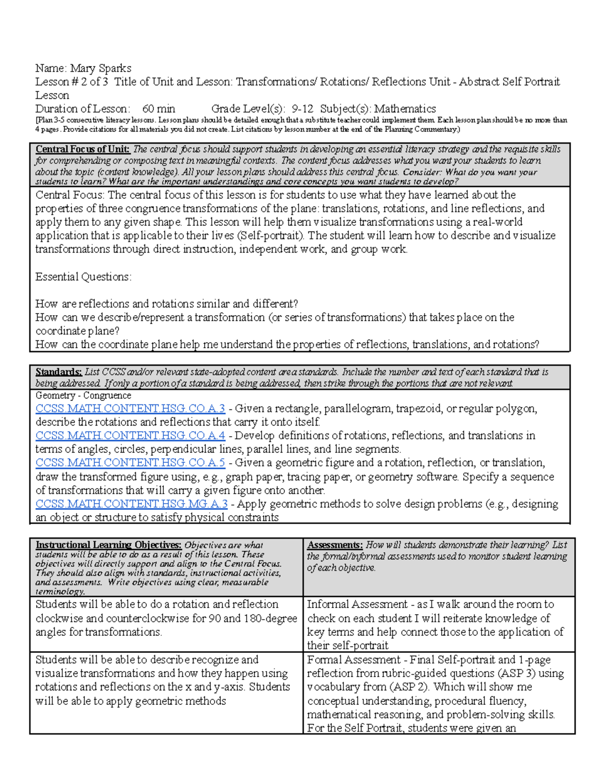 Abstract Self Portrait Using Transformations Lesson Plan - Name: Mary ...
