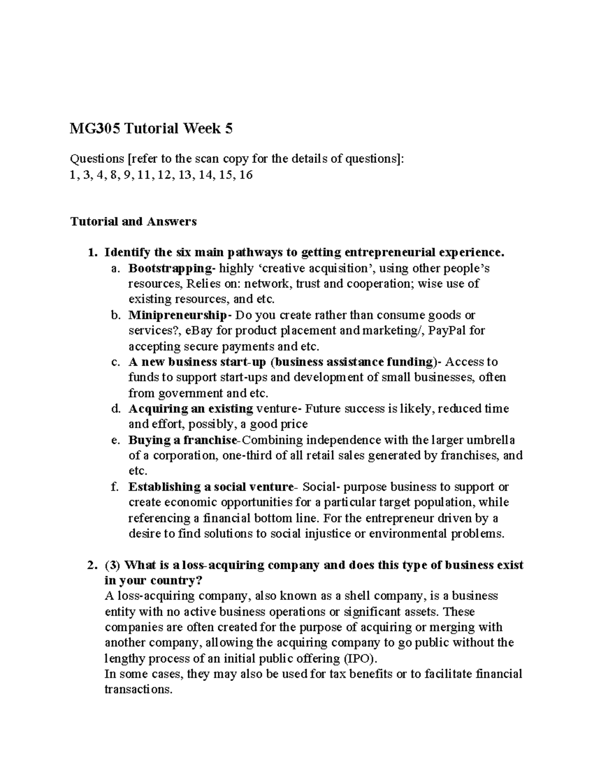 MG305 Tutorial Week 5 FF - MG305 Tutorial Week 5 Questions [refer to the scan copy for the ...