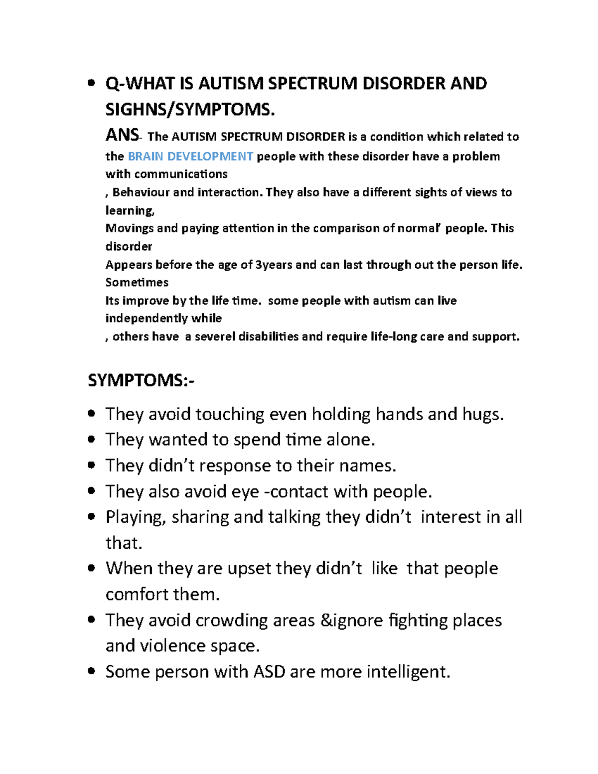 ASD - Notes of Autism spectrum disorder (ASD) which is a developmental ...