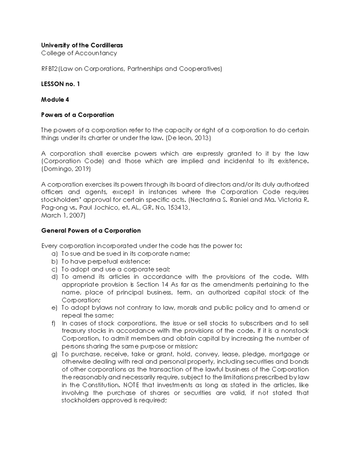 RFBT 2 Corporations Module 1 Lesson 4 - University of the Cordilleras ...