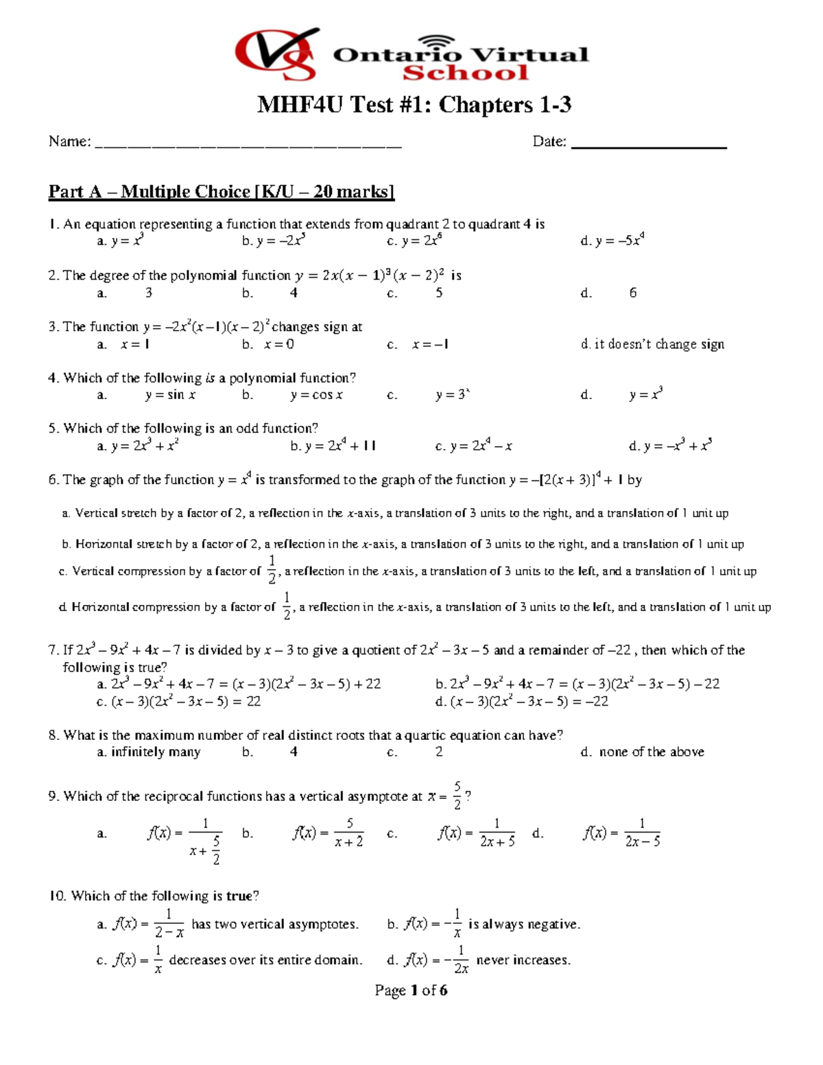 Unit 1 Test Advanced Functions - MHF4U Test #1: Chapters 1- Name: - Studocu