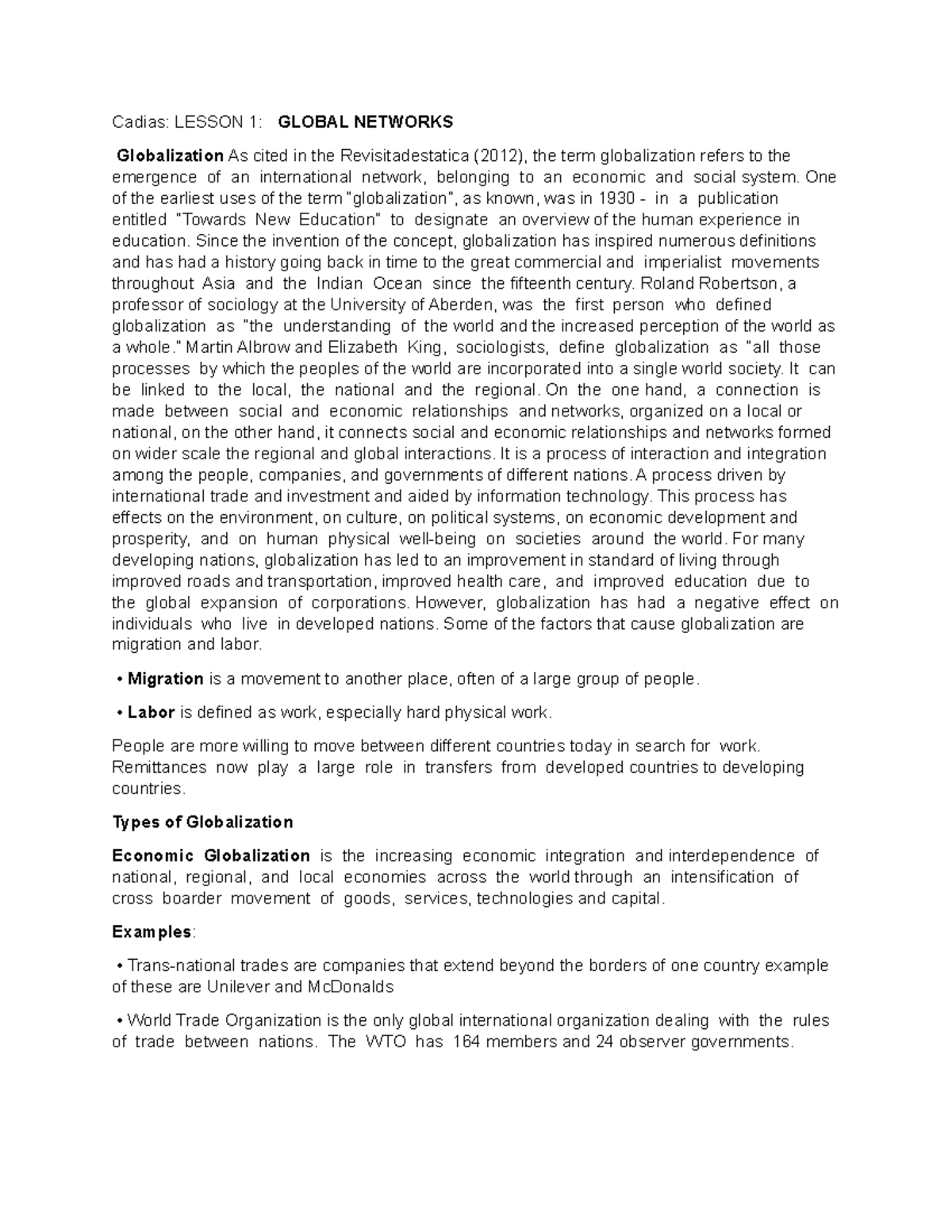 TNCT note's - Cadias: LESSON 1: GLOBAL NETWORKS Globalization As cited ...