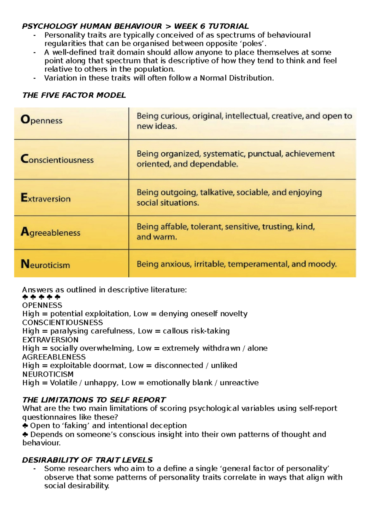 Psychology Human Behaviour - PSYCHOLOGY HUMAN BEHAVIOUR > WEEK 6 TUTORIAL Personality traits are ...