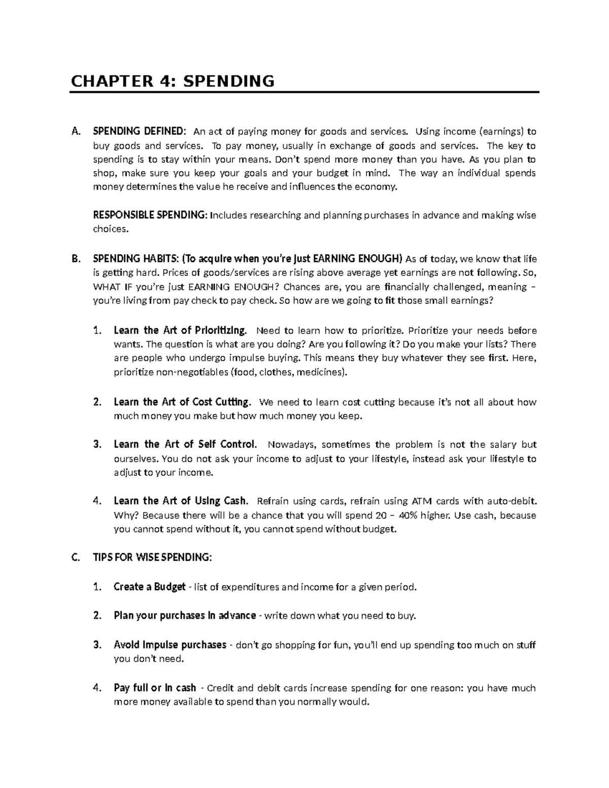 Chapter-4 - CHAPTER 4: SPENDING A. SPENDING DEFINED: An act of paying ...